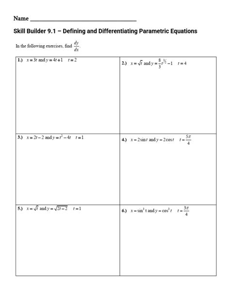 Topic 91 Defining And Differentiating Parametric Equations Pdf