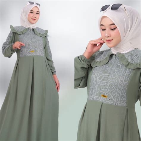 Jual Dress Gamis Wanita Crinkle Airflow Mix Brokat Malika Shopee