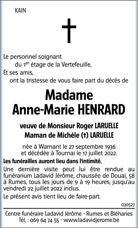 Avis De Décès De Anne Marie Henrard Décédé Le 17072022 à Tournai