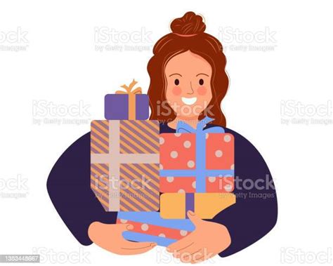 많은 선물 상자를 들고 쾌활한 여자 여성 캐릭터가 휴일 패키지에 큰 생일 선물을 들고있다 흰색 배경에 격리 된 만화 플랫 벡터