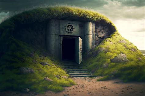 Premium Photo Dug Into Mound Abandoned Bunker With Metal Open Door