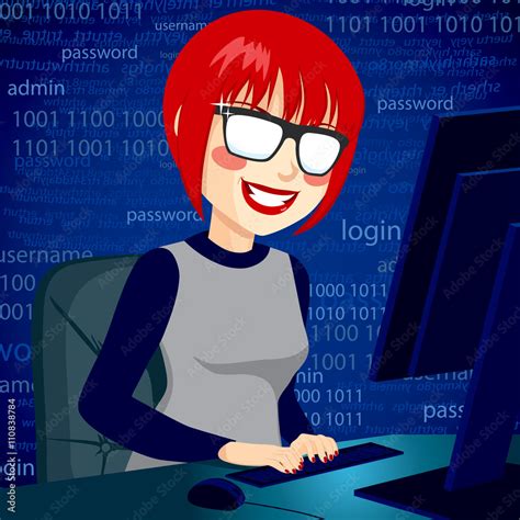 Hacker Woman Typing On Computer Enjoying Breaking System Security Code With Mischievous Smile
