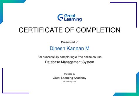 Database Management System Course Has Been Completed Dinesh Kannan M