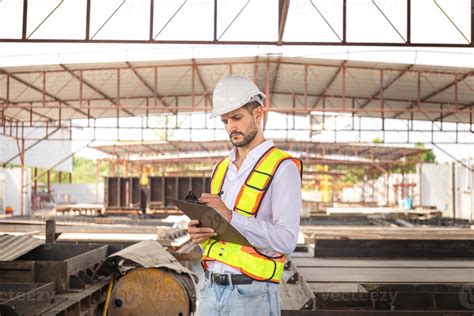 Engineer Man Checking Project At The Precast Factory Site Foreman Worker In Hardhat On