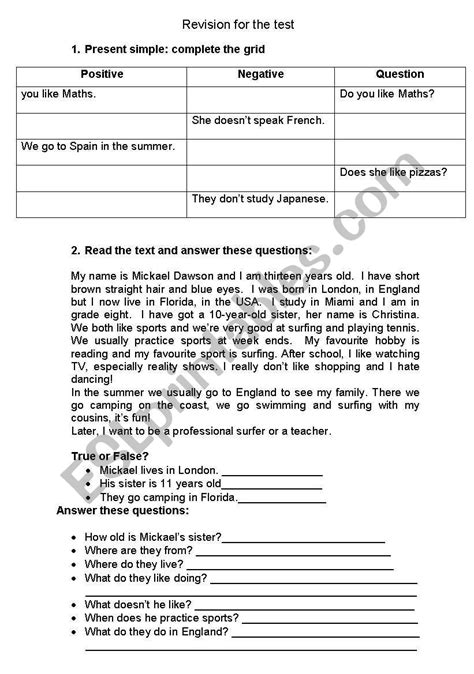 REVISION PRESENT SIMPLE READING COMPREHENSION ESL Worksheet By