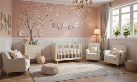 Serene Nursery Room Features Pink Wall White Furniture And Large