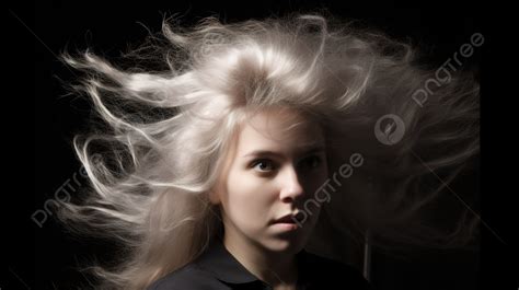 White Woman With Hair Windy With Black Background Picture Of Static