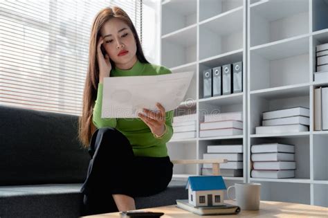 Young Women Asia Sad Lady People Sit Sofa Couch At Home Think Hard