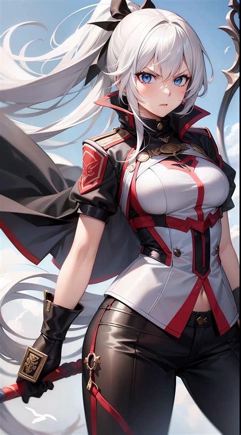 성인 소녀 길고 흰 머리카락 하이 포니테일 파란 눈 화난 Seaart Ai