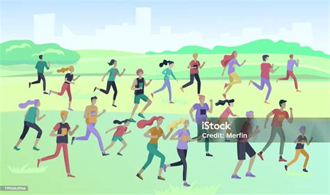 피플 마라톤 러닝 스포츠 레이스 스프린트 컨셉 일러스트 러닝 남녀가 풍경에 스포츠웨어를 입고 있습니다 훈련에서 조깅 건강한 액티브 스피드 운동 만화 벡터 5000 미터에