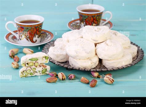 Traditional Iranian And Persian Pieces Of White Nougat Dessert Sweet