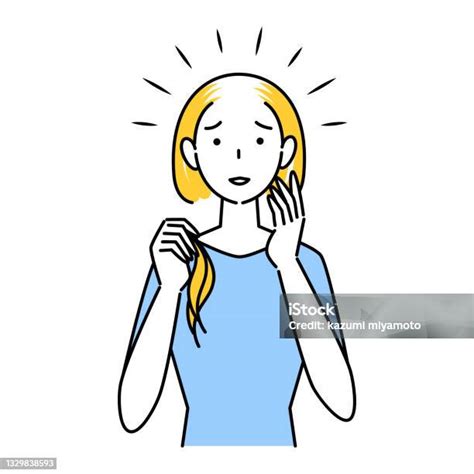 머리 위에 있는 헤어 케어 얇은 머리와 회색 머리카락이 눈에 띄고 고민하는 얼굴 일러스트가 있는 귀여운 여성 일러스트스 간단한