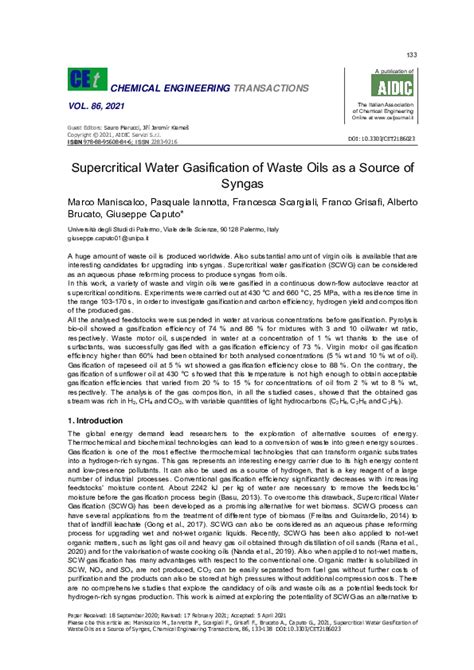Pdf Supercritical Water Gasification Of Waste Oils As A Source Of Syngas