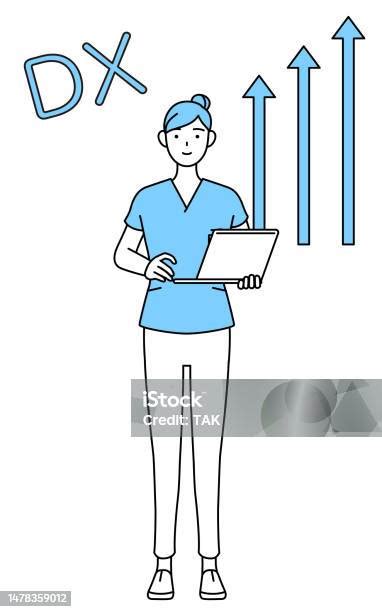 Dx 여성 간호사 물리 치료사 작업 치료사 언어 치료사 제복을 입은 간호 조수의 이미지가 성공적으로 개선되었습니다 가정간병인에 대한 스톡 벡터 아트 및 기타 이미지 Istock