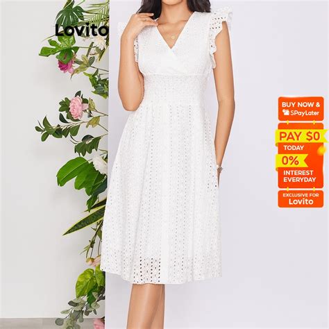 Lovito Casual Plain Eyelet Embroidery Smocked Ruffle Hem Button Dress