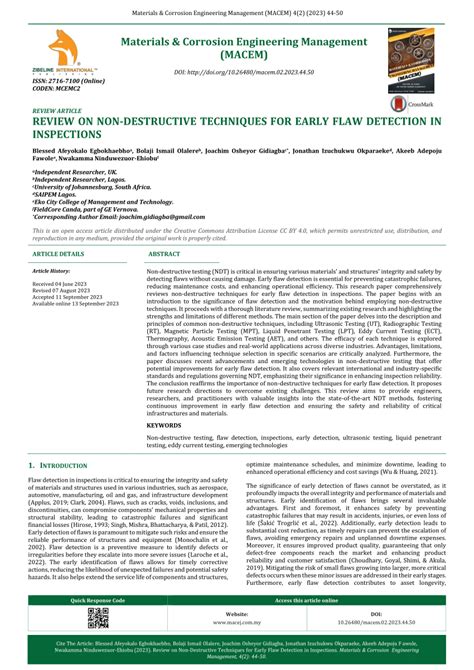 PDF REVIEW ON NON DESTRUCTIVE TECHNIQUES FOR EARLY FLAW DETECTION IN INSPECTIONS