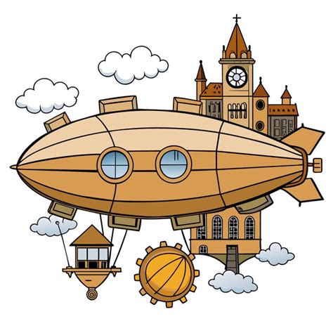 Steampunk Airship Flying Over A Victorianera City With Gears Cogs And