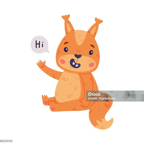 덥수룩한 꼬리를 가진 웃긴 다람쥐 캐릭터와 인사말 안녕 벡터 일러스트 레이 션 개념에 대한 스톡 벡터 아트 및 기타 이미지