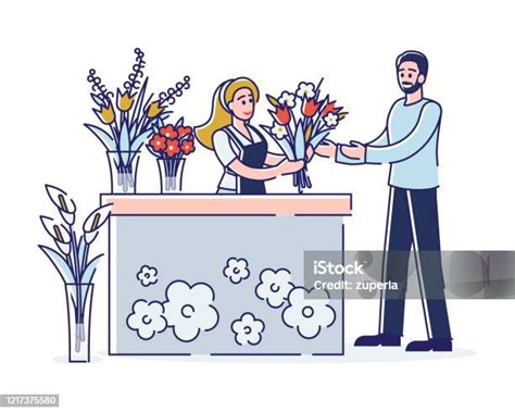 꽃 가게의 개념 남성 캐릭터는 플로리스트에서 아름다운 꽃의 꽃다발을 구입합니다 여자 꽃 가게의 소유자 최고의 하나를 선택하는 데