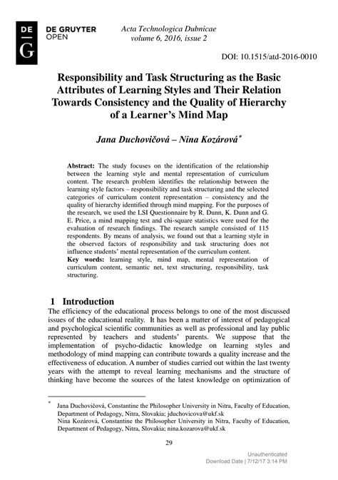 Solution Responsibility And Task Structuring As The Basic Attributes Of Learning Styles And