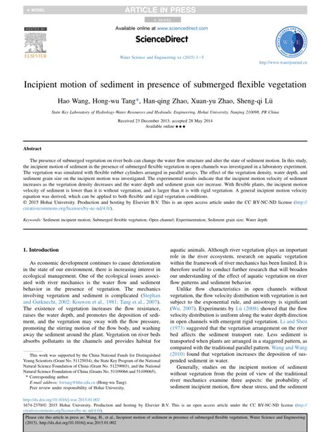 Pdf Incipient Motion Of Sediment In Presence Of Submerged Flexible Vegetation