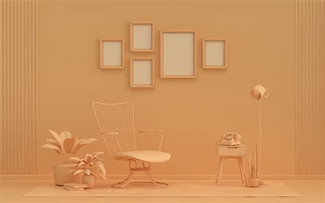벽에 5 프레임 포스터 쇼케이스를위한 플랫 컬러 인테리어 룸 가구와 식물이있는 흑백 오렌지 분홍색 컬러 갤러리 벽 3d 렌더링