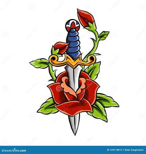 Tattoo Sketch With Dagger And Rose Hand Drawn Illustration Converted