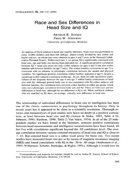Race And Sex Differences In Head Size And Iq 1994 By Arthur Robert