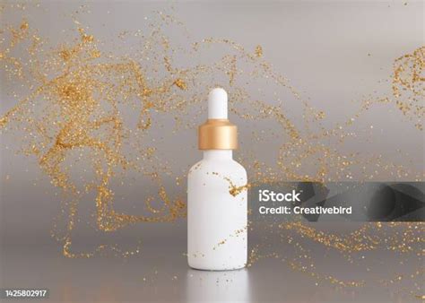 작은 황금 반짝이 입자를 날리는 블랭크 브랜드가없는 화장품 세럼 병 스킨 케어 제품 프리젠 테이션 모의 점적기 병 히알루 론산