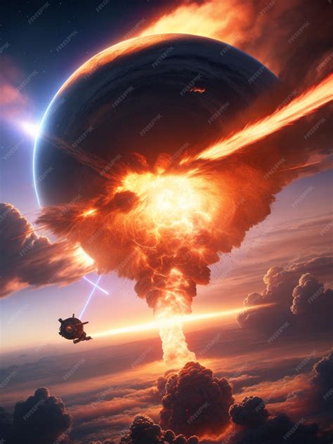 Premium Ai Image Spaceship Soaring Over A Fiery Explosion In The Sky