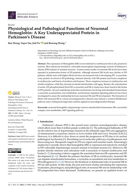 Pdf Physiological And Pathological Functions Of Neuronal Hemoglobin A Key Underappreciated