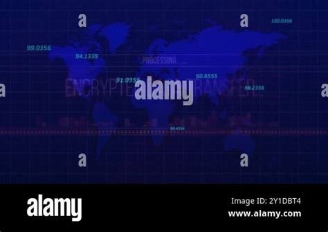 World Map With Data Points And Processing Text Animation Over Grid