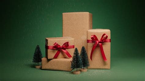 snowflakes falling on stack of golden t boxes with elegant satin red