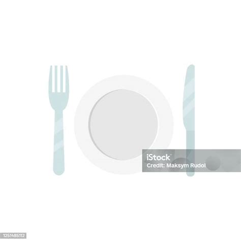 포크와 칼 플랫 포크 나이프 및 플레이트 아이콘 흰색 배경에 고립 된 벡터 일러스트 강철에 대한 스톡 벡터 아트 및 기타 이미지