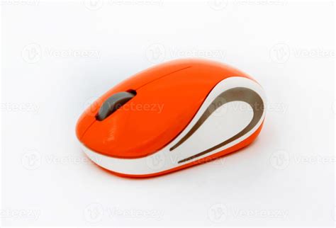Close Up Used Orange And White Wireless Computer Mouse Isolated On White Background With