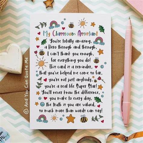 Classroom Assistant Thank You Card Lsa Card Teaching Assistant