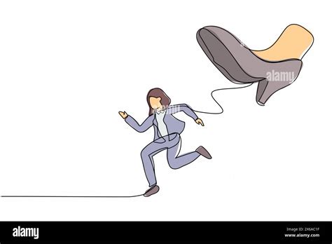 Single One Line Drawing Businesswoman Run Away From Stomping Foot Office Worker Running From