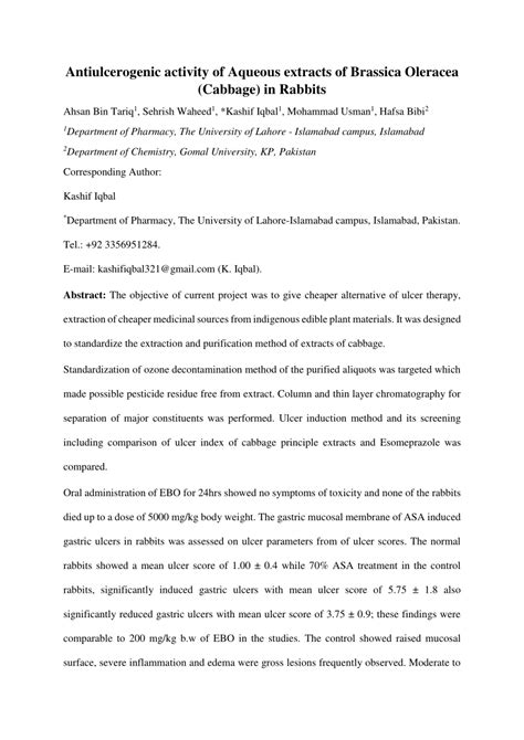 Pdf Antiulcerogenic Activity Of Aqueous Extracts Of Brassica Oleracea