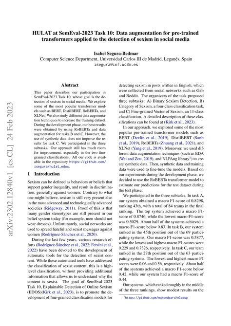 Pdf Hulat At Semeval 2023 Task 10 Data Augmentation For Pre Trained