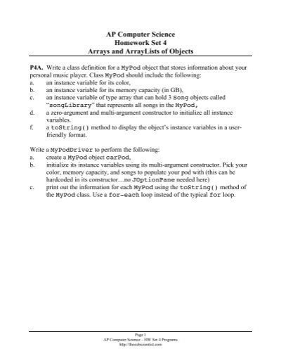Ap Computer Science Homework Set 4 Arrays And Arraylists Of