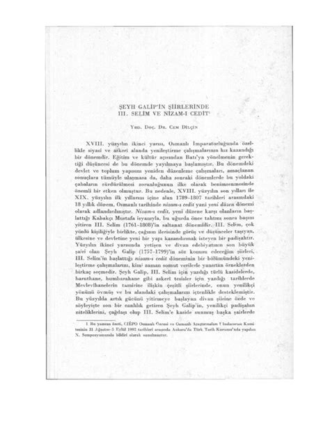 dilçin cem Şeyh galip in Şiirlerinde iii selim ve nizam i cedit pdf