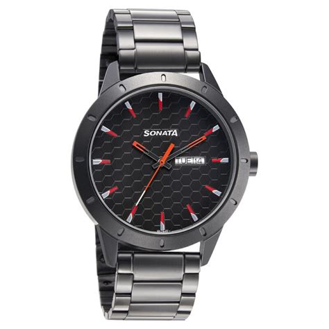 buy online sonata quartz analog with day and date black dial metal strap watch for men