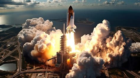 Un Transbordador Espacial Despegando Con Nubes De Fondo Foto Premium