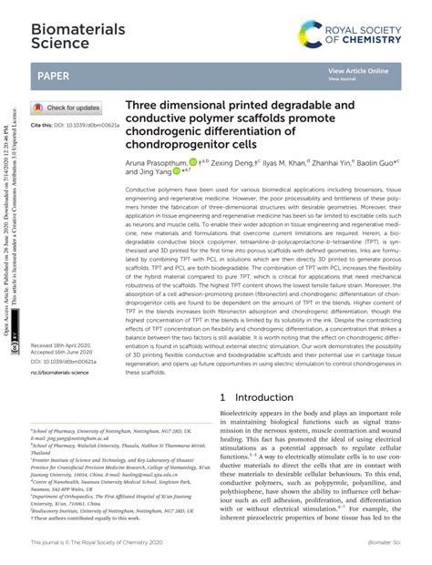 Pdf Three Dimensional Printed Degradable And Conductive Polymer Scaffolds Promote Chondrogenic