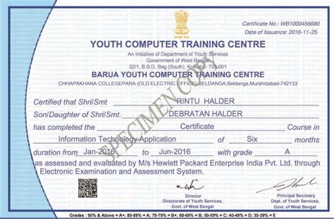 Barua Youth Computer Training Centre Certificate Format
