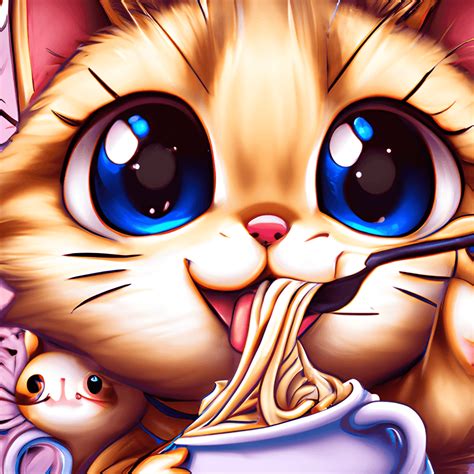 Chibi Cat Eating Spaghetti · Creative Fabrica