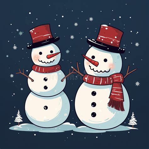 A Couple Of Snowmen Two Snowmen In The Night Sky And The Snow Covered