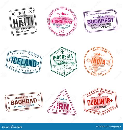 Set Of Travel Visa Stamps For Passports Abstract International And