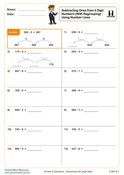 subtracting ones from 3 digit numbers with regrouping using number