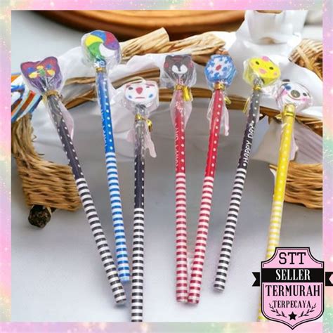 Jual STT Pensil Karakter Kartun Lucu Motif Garis Polkadot Pensil Karakter Penghapus Pensil
